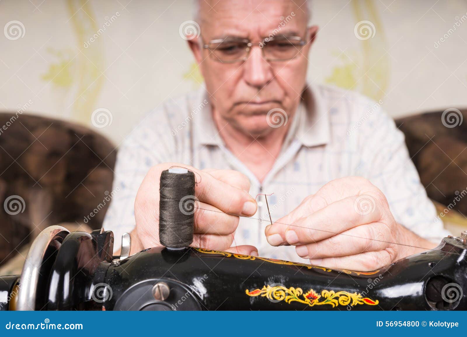 Senior Man Threading Needle of Sewing Machine Stock Photo - Image of ...