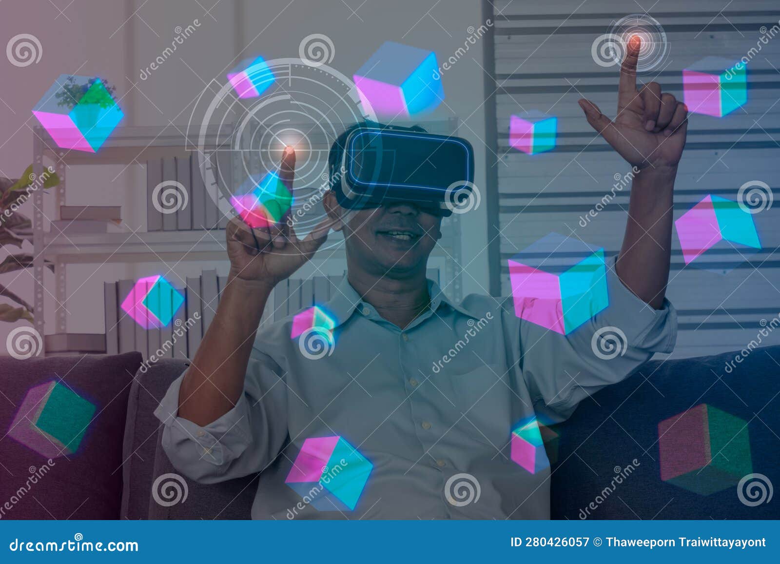 Senior Man Use a VR Glasses with 3d Cube of Future Virtual Simulation ...