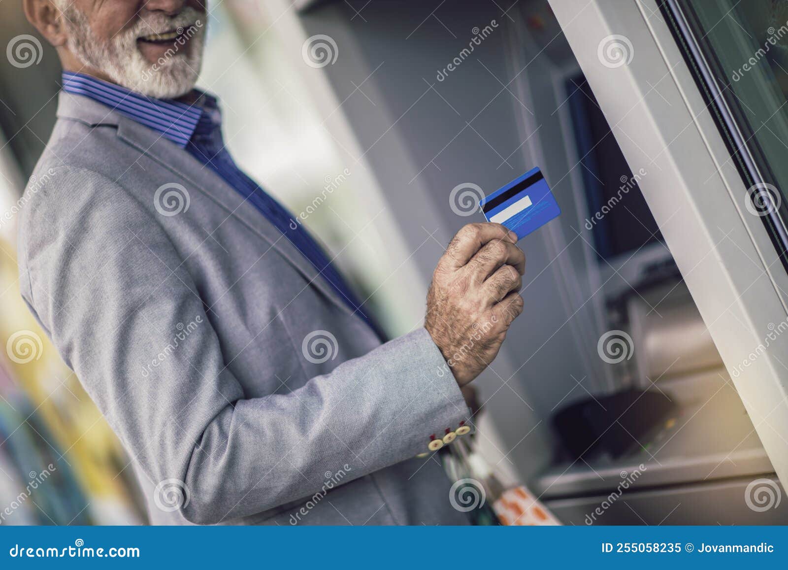Old Man Using ATM Machine with Credit Card Stock Image - Image of ...
