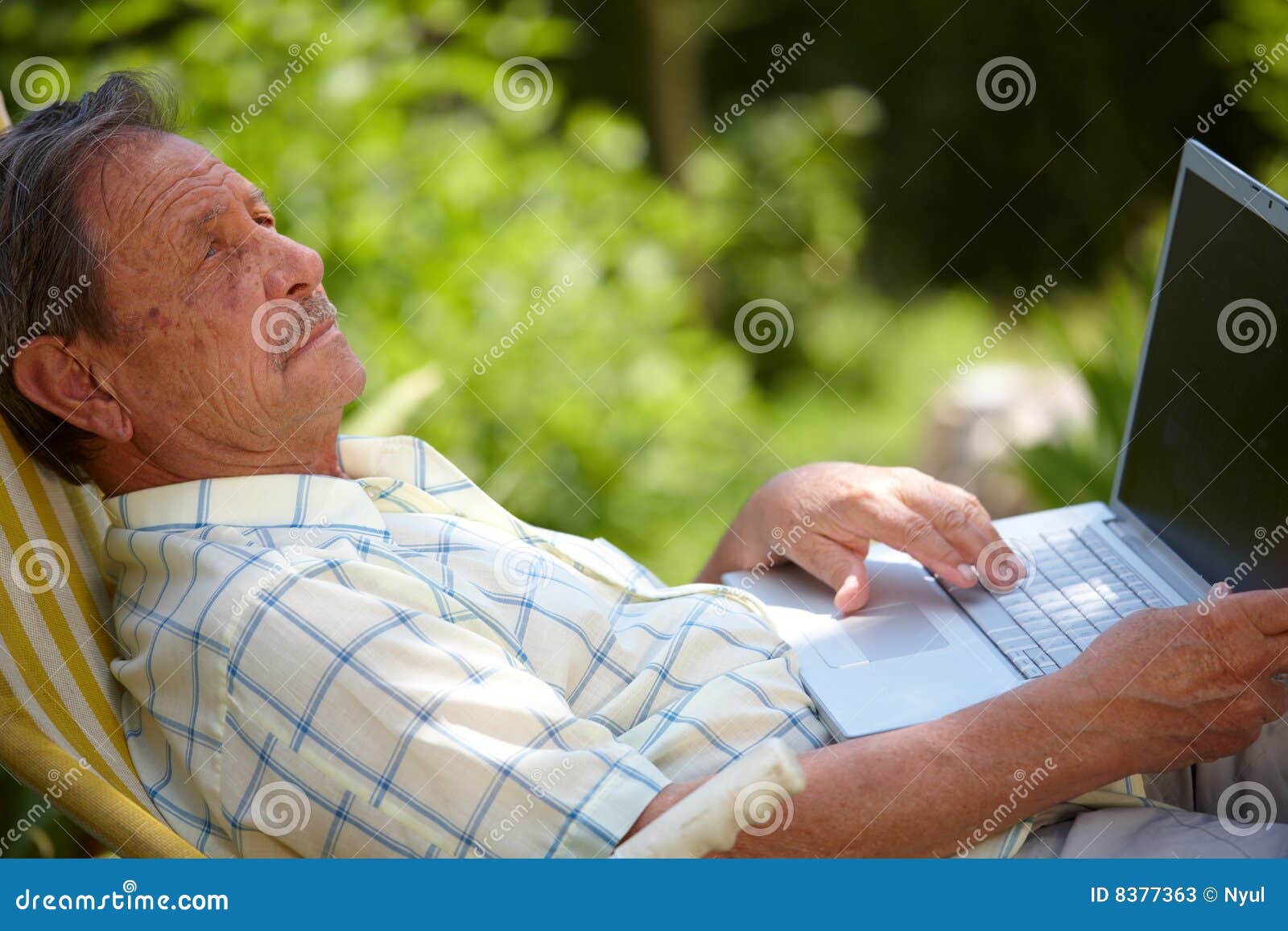 Senior Man Using Laptop Outdoor Stock Image - Image of communication ...