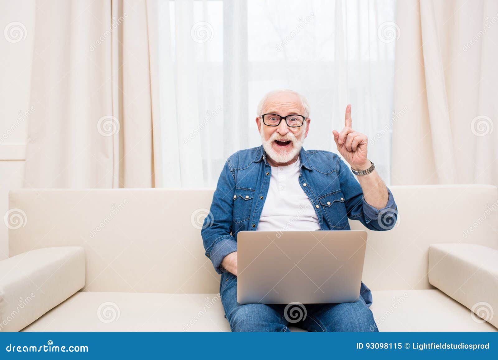 Senior Man Using Laptop and Pointing Up with Finger Stock Image - Image ...