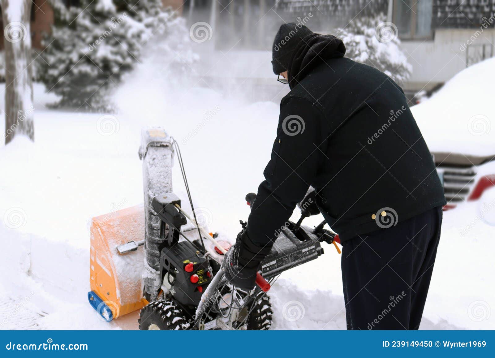 Senior Man Using Snow Blower during Storm Stock Photo - Image of ...