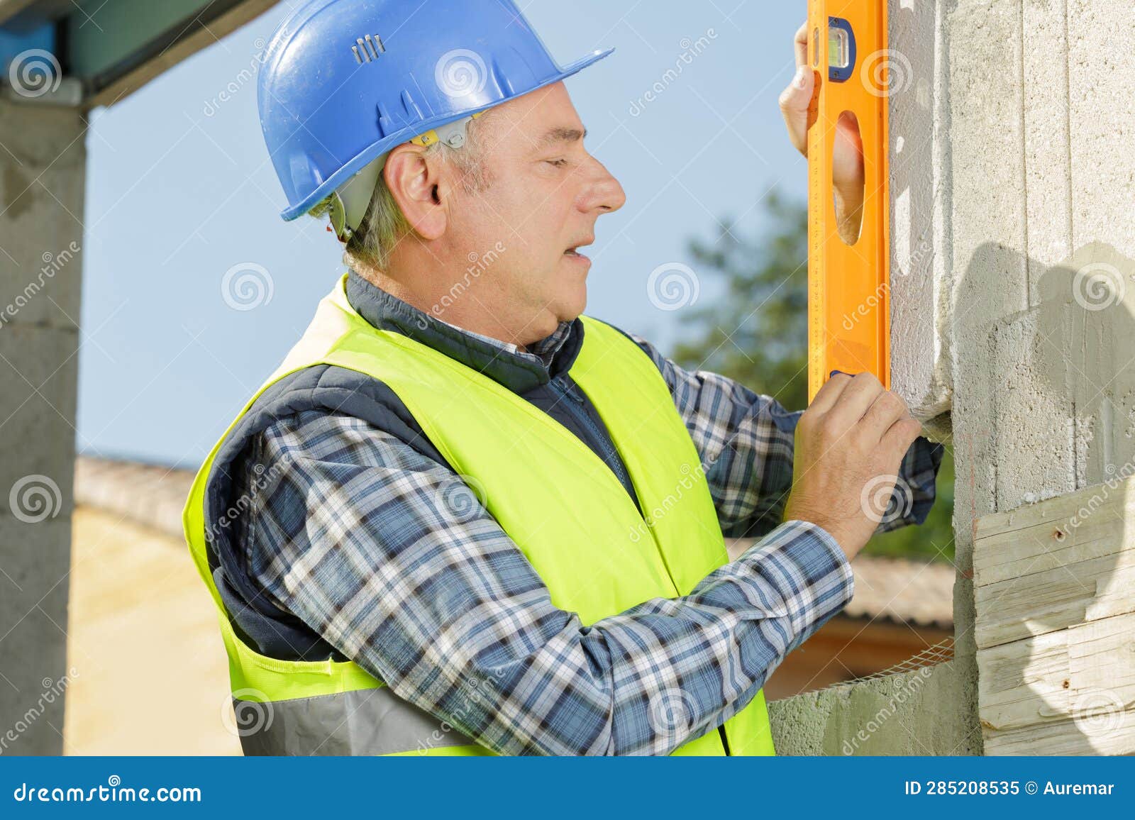 Senior Man Using Spirit Level on Wall Stock Image - Image of home ...