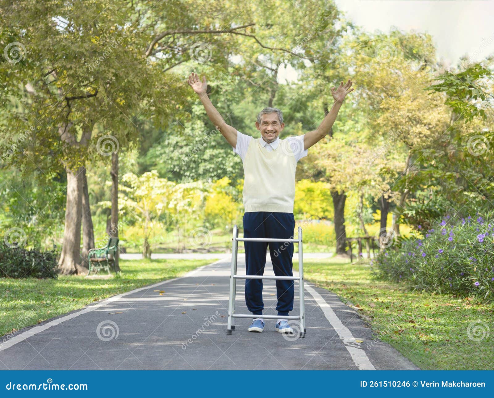 Senior Man with Walker Raising Hands Gesturing Happiness while Practice ...