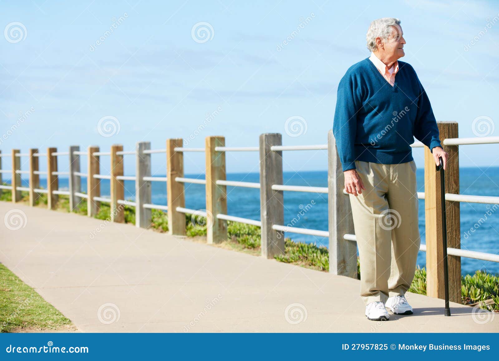 Senior Man Walking Along Path by the Sea Stock Image - Image of active ...
