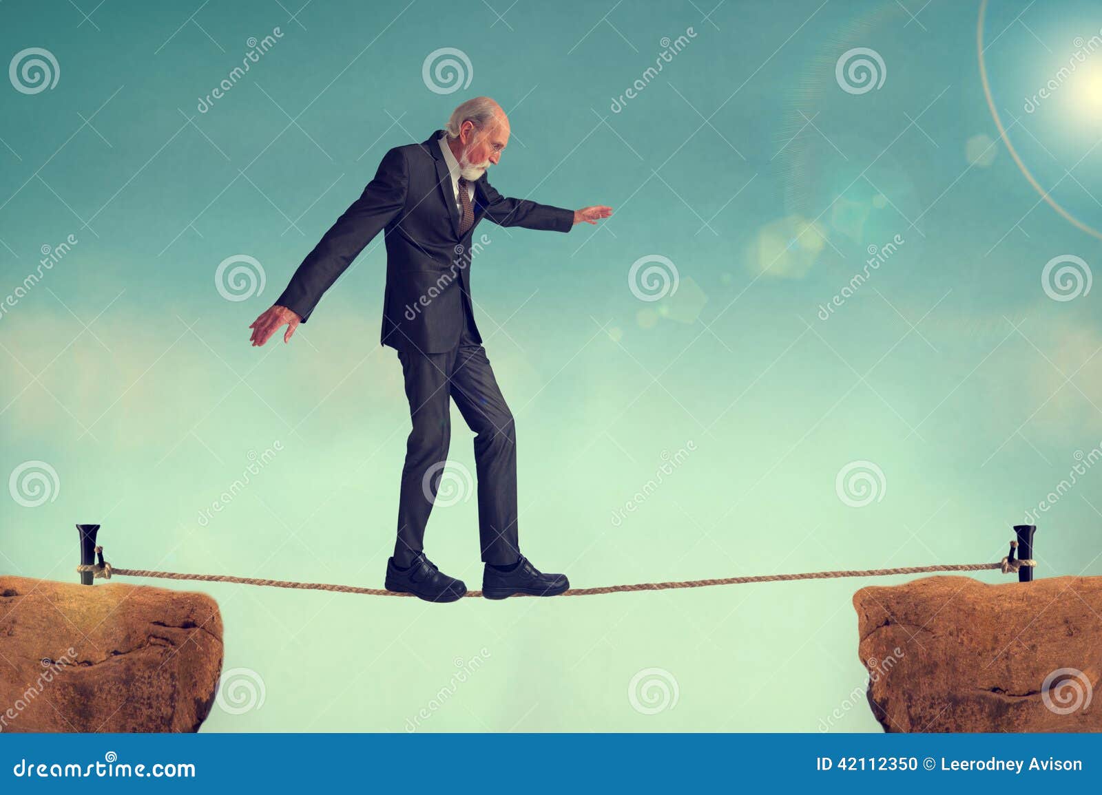 Senior Man Walking a Tightrope Stock Photo - Image of adversity ...