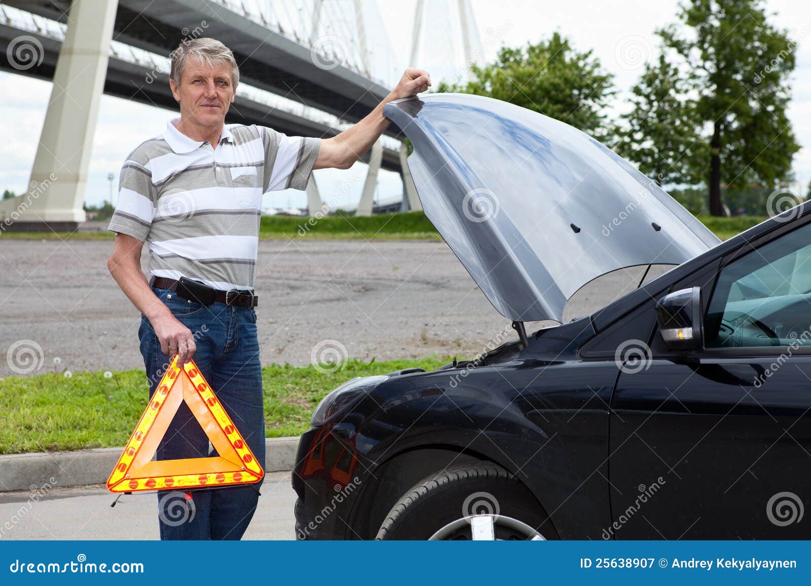 Senior Man with Warning Sign Near Broken Car Stock Image - Image of ...