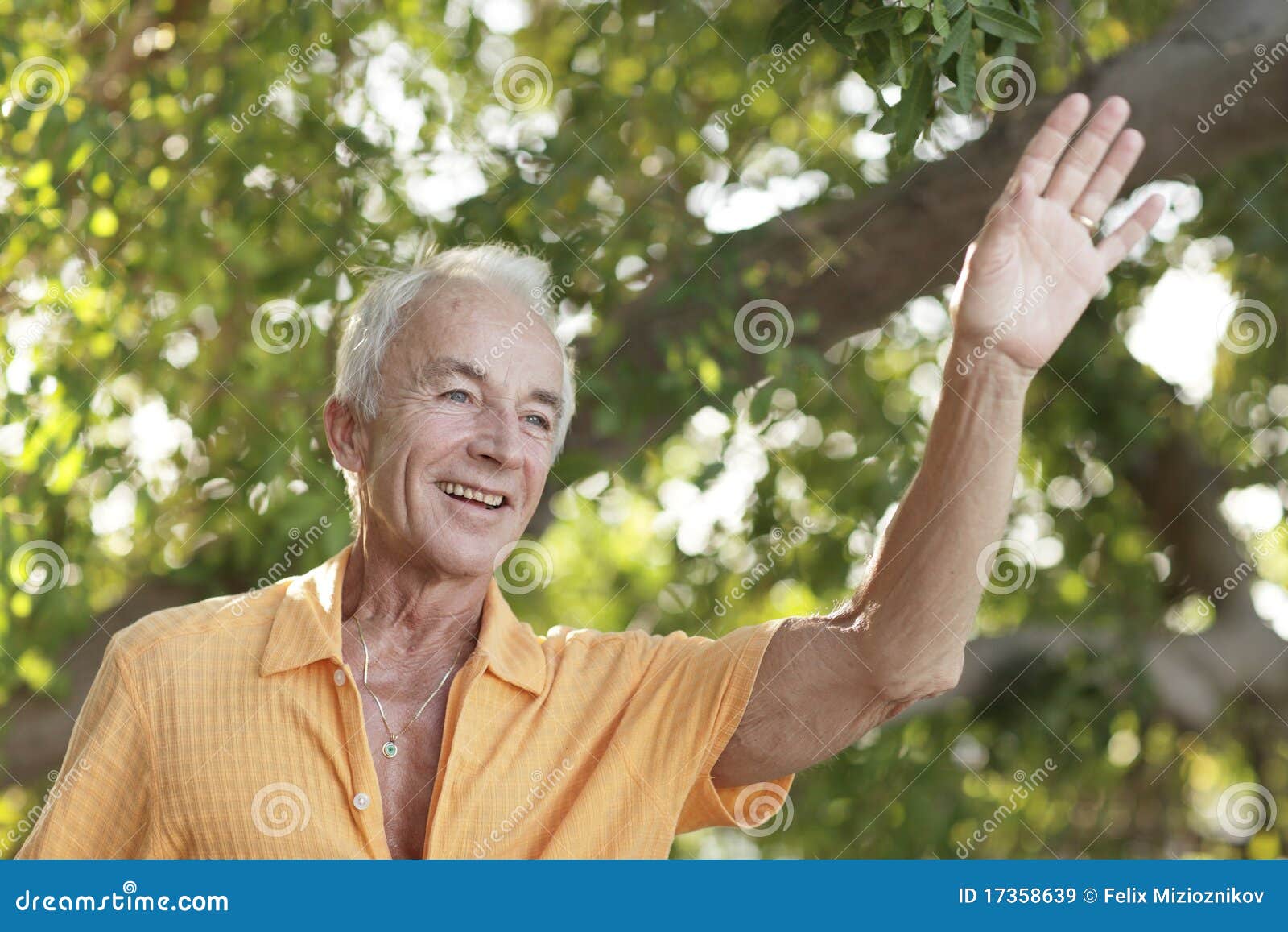 Senior Man Waving and Smiling Stock Image - Image of gray, setting ...