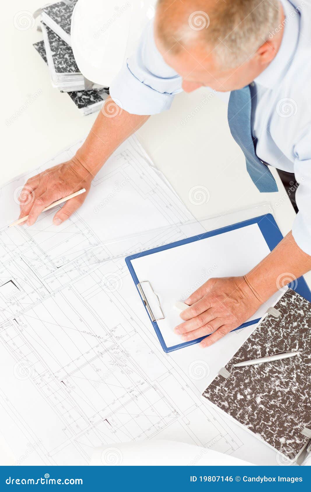 Senior Man Work on Blueprints Construction Plans Stock Photo - Image of ...