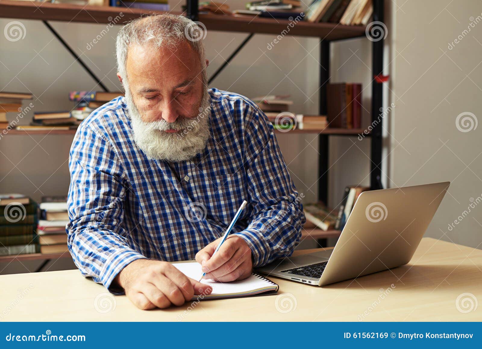 Senior Man Writing in Notepad at His Working Place Stock Image - Image ...