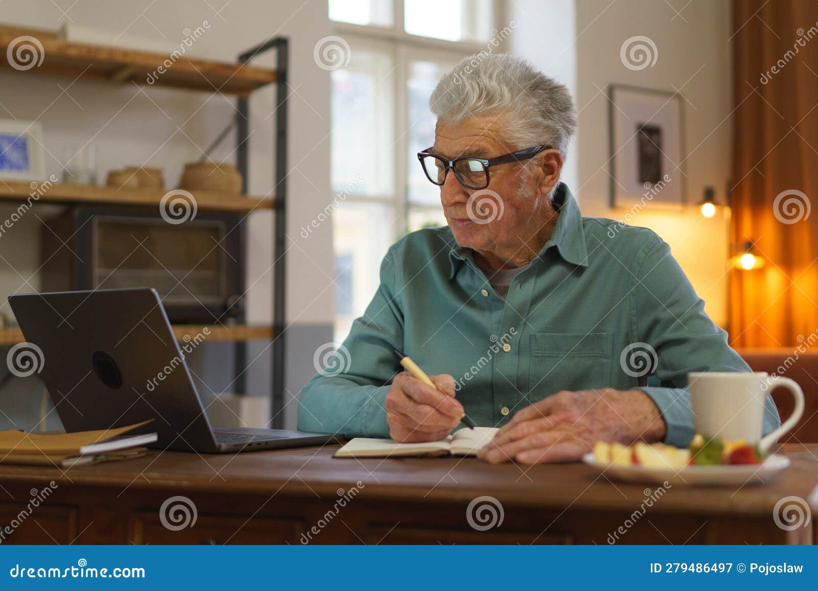 Senior Man Writing Notes in His Diary. Stock Image - Image of coffee ...