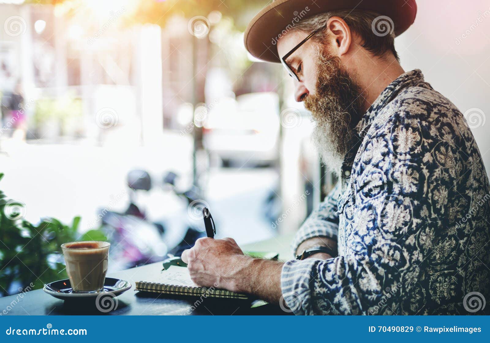 Senior Man Writing Working Coffee Shop Realxation Concept Stock Image ...