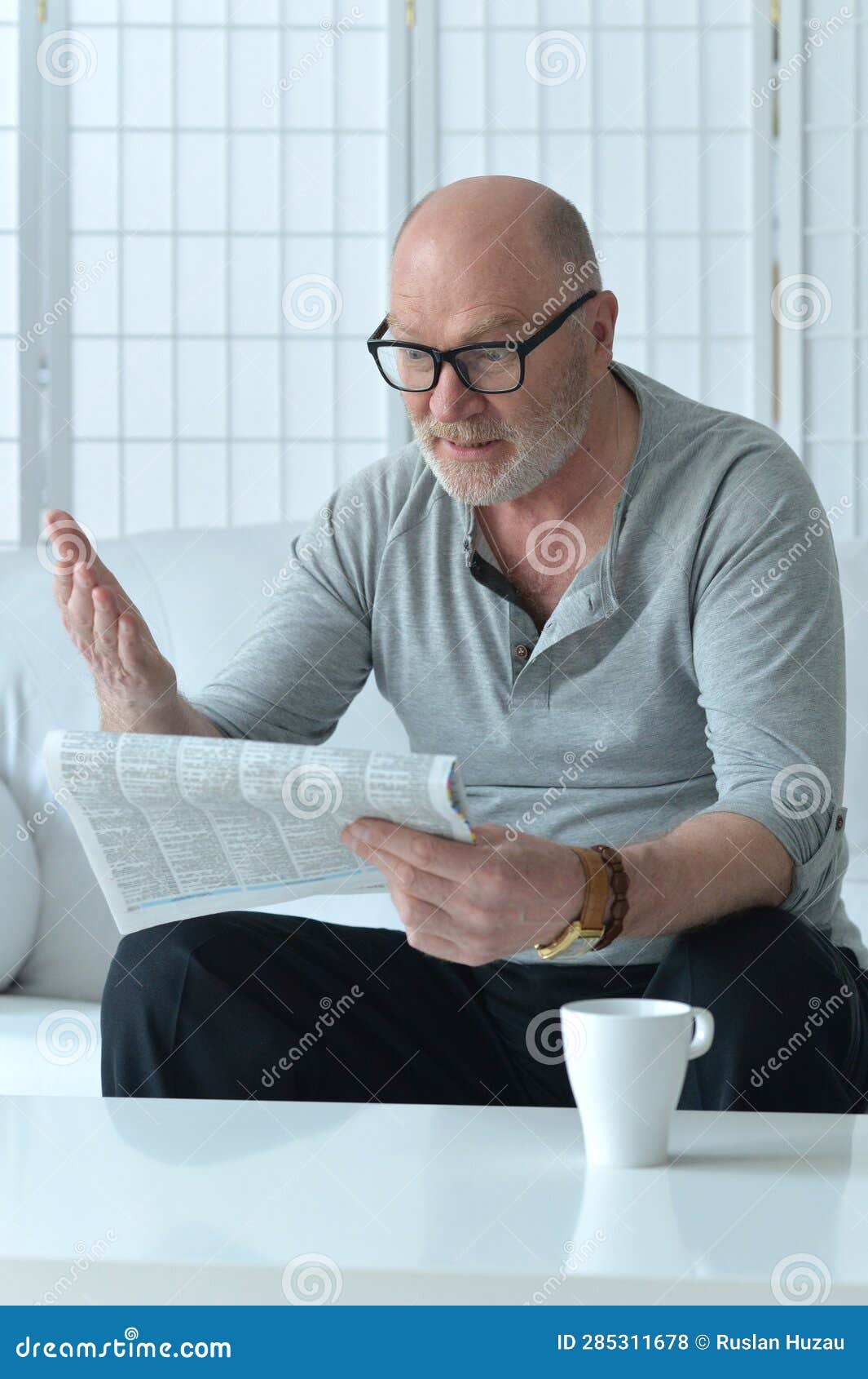 Senior Old Man Reading Newspaper at Home Stock Photo - Image of grey ...