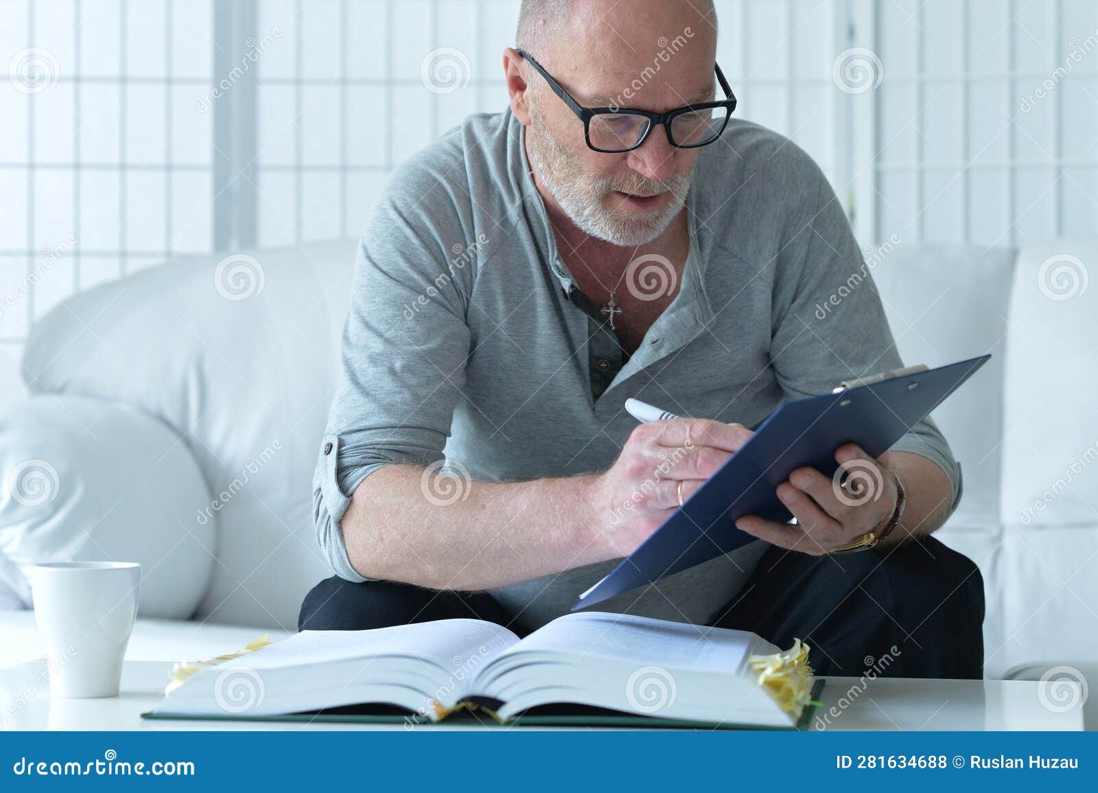 Senior Old Man with Book Working at Home Stock Photo - Image of ...