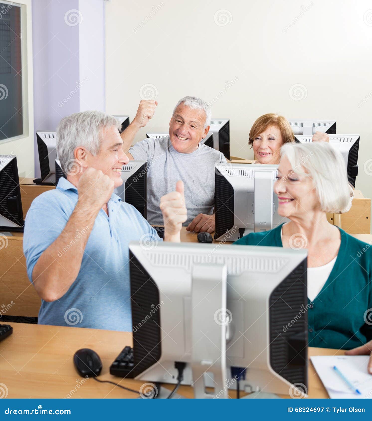 Senior People Cheering in Computer Class Stock Image - Image of happy ...