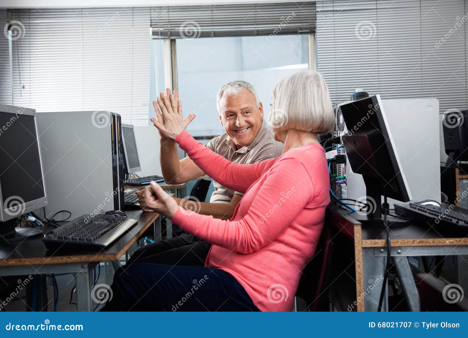 Senior People Giving High Five in Computer Class Stock Image - Image of ...