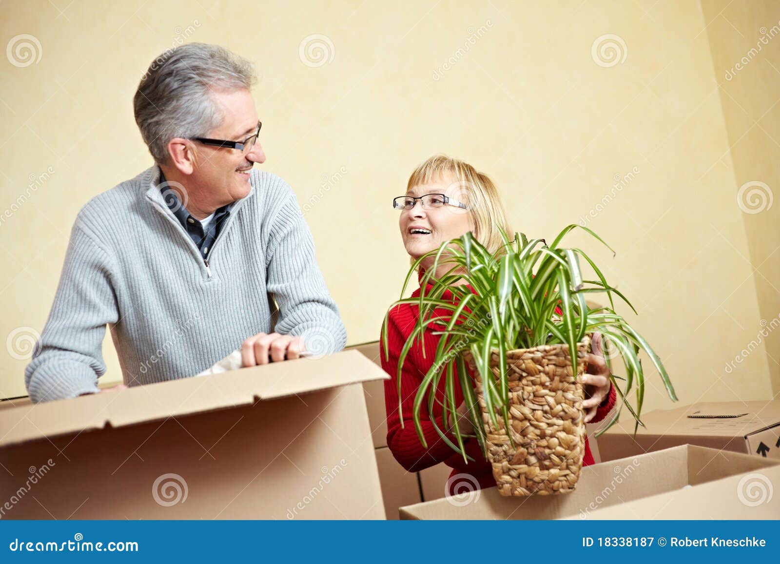 Senior People Packing Moving Boxes Stock Image - Image of opening ...