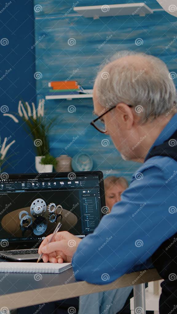 Senior Man Architect Working on Modern Cad Program Analysing Gears ...