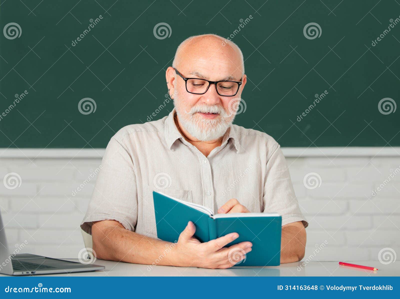 Senior Teacher Teaching in the Classroom on Chalkboard. Teacher at ...