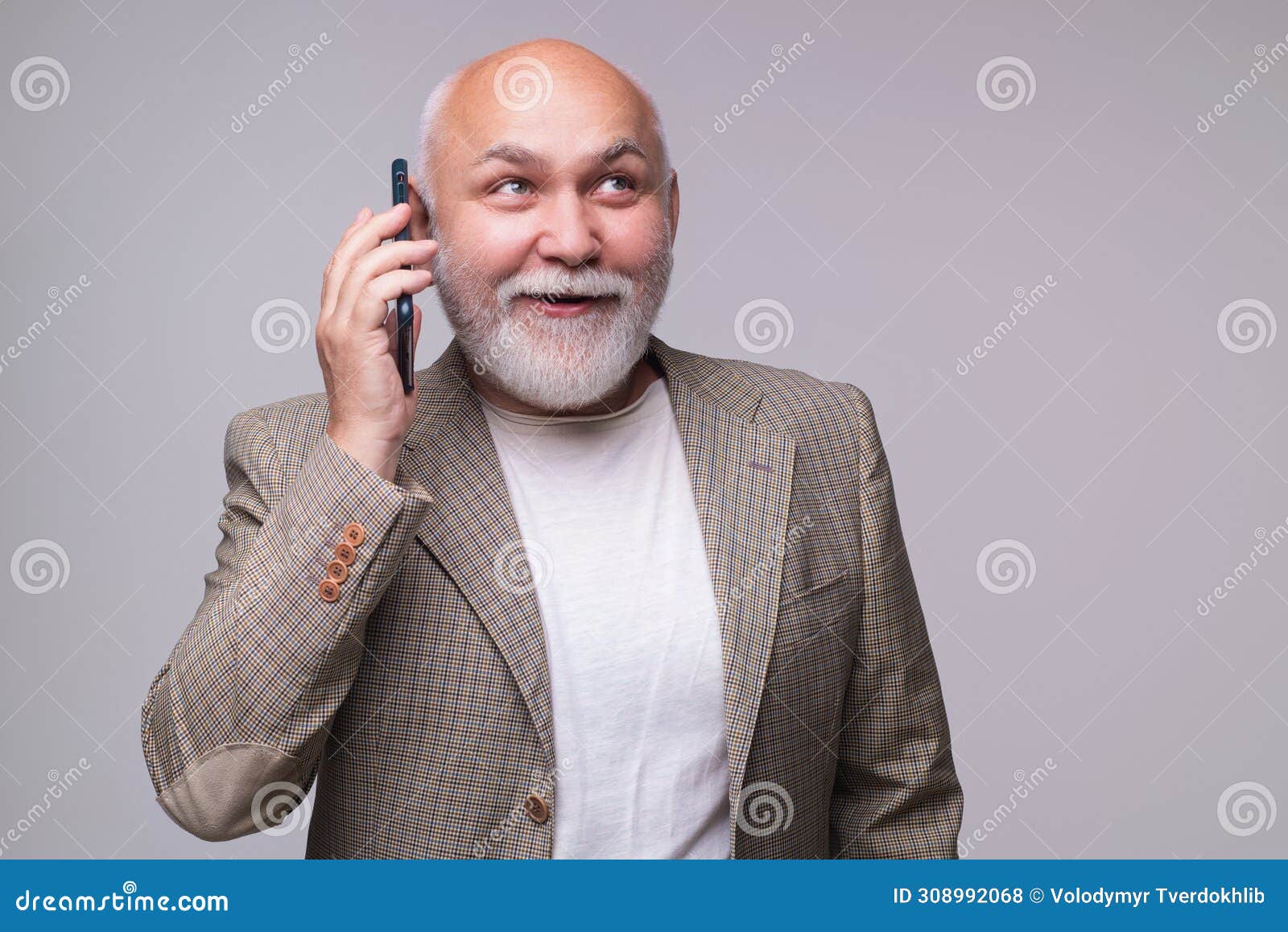 Senior Using Smartphone, Isolated on Gray Studio Background. Mature Man ...