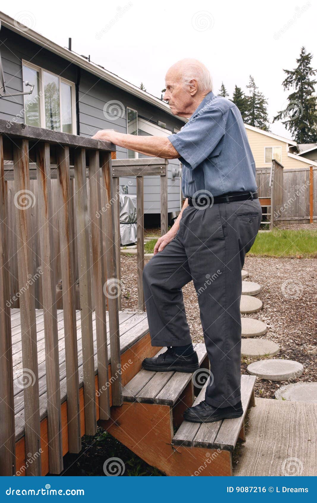 Senior Walks Up Wooden Deck Steps Outside Stock Photo - Image of clouds ...