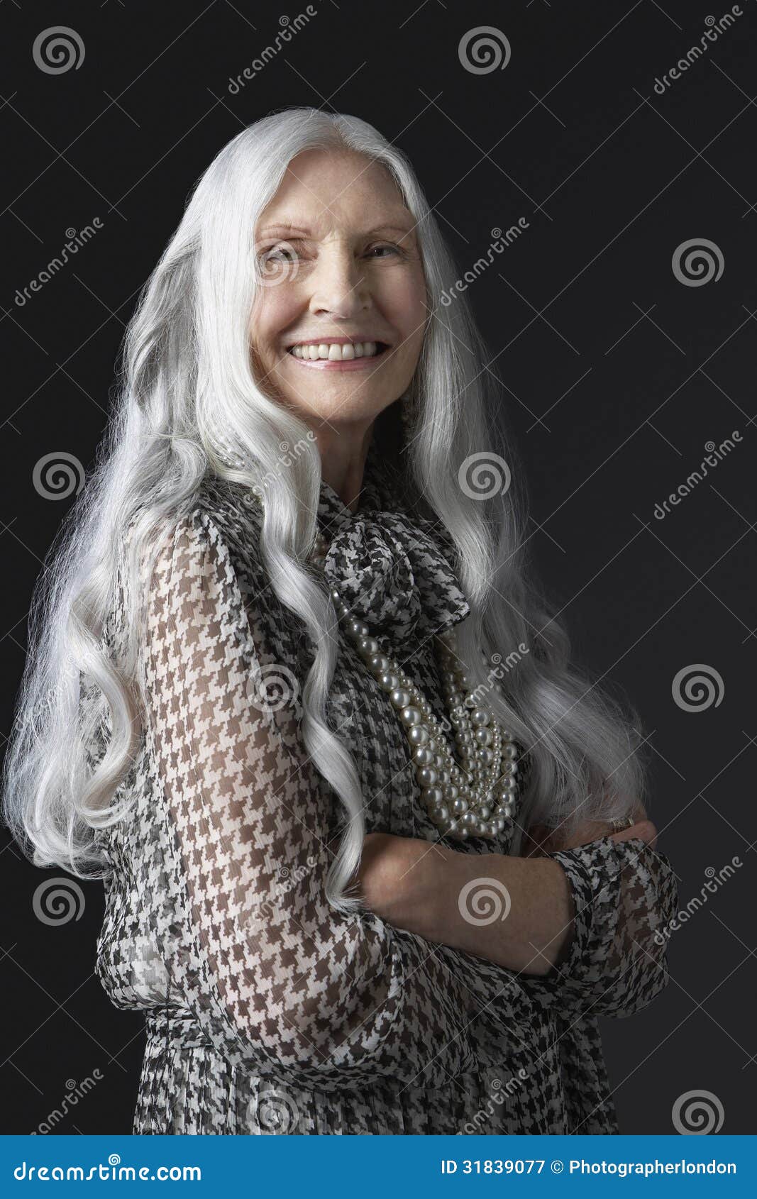 Senior Woman With Arms Crossed Smiling Stock Image Image Of Dress Black 31839077