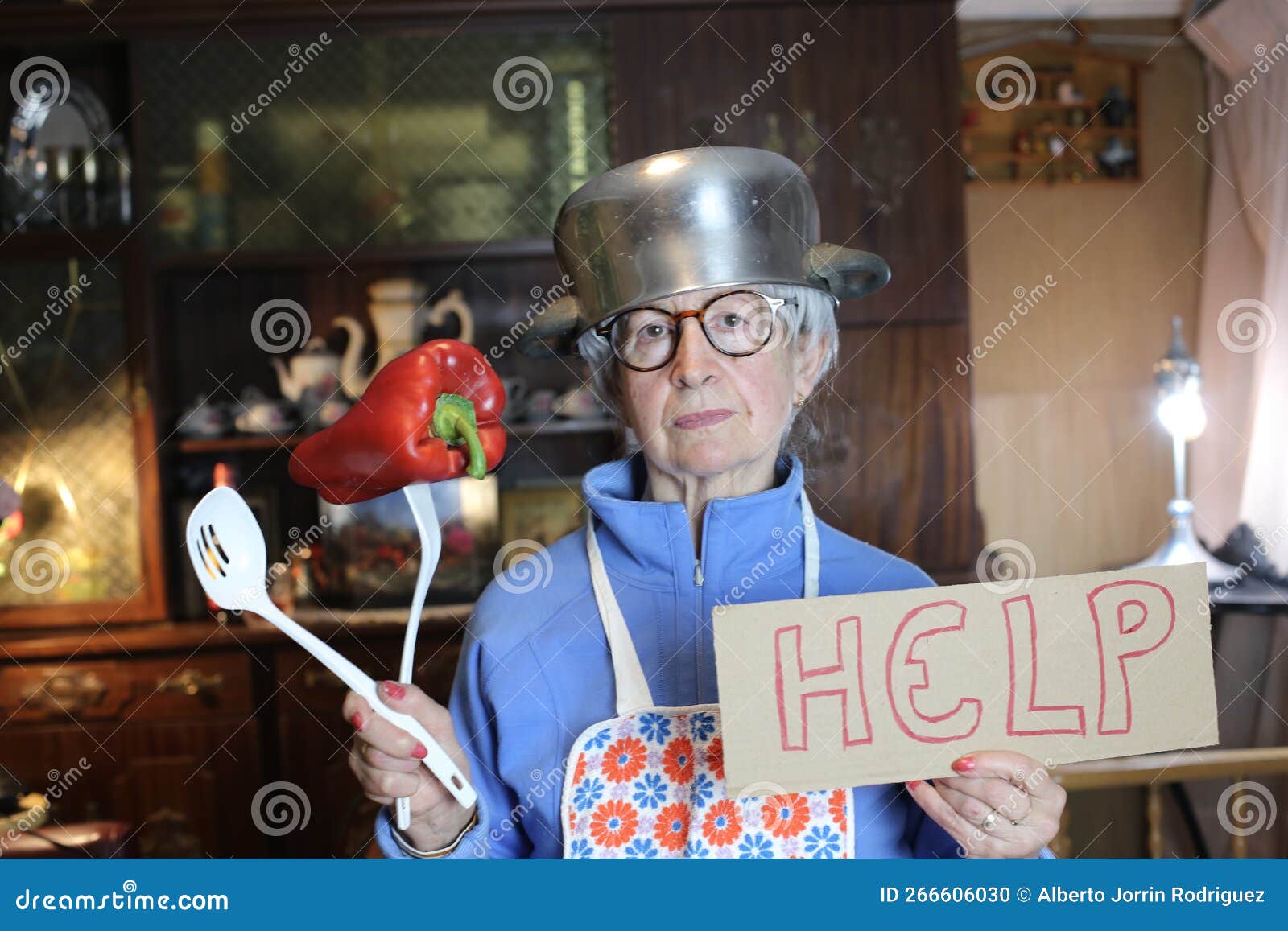 Senior Woman Asking for Help in the Kitchen Stock Photo - Image of ...