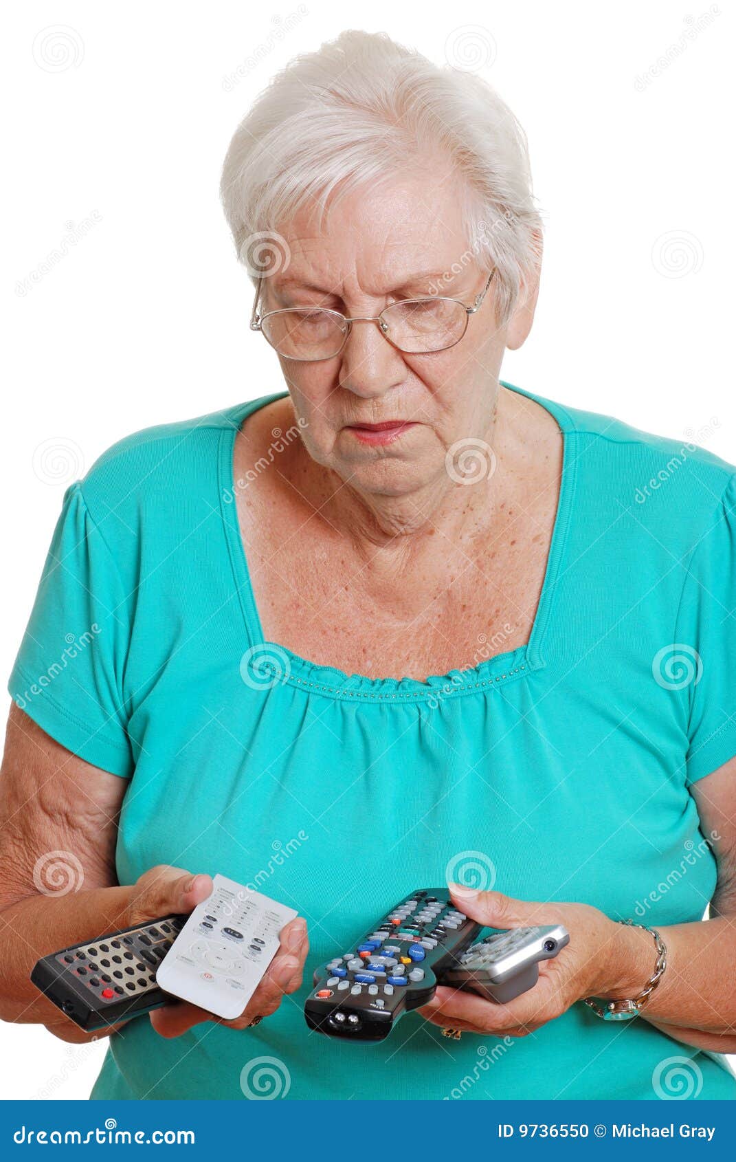 Senior Woman Confused with so Many Remote Controls Stock Photo - Image ...
