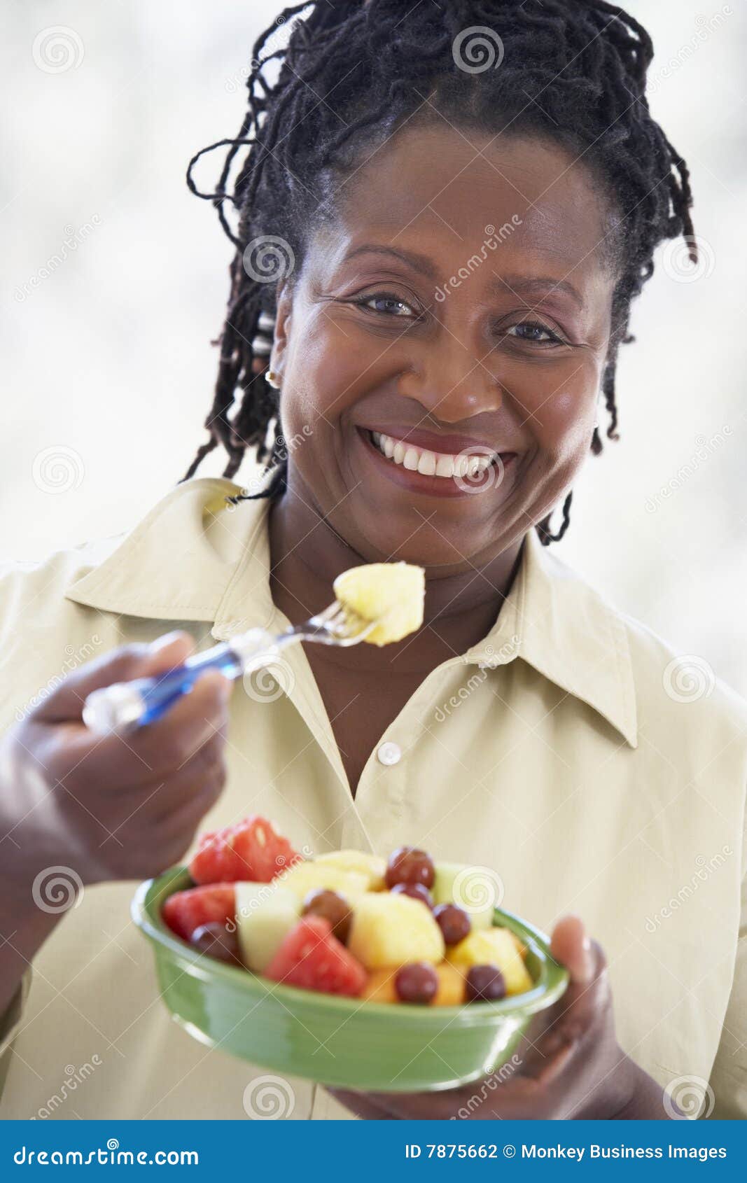 Senior Woman Eating Fresh Fruit Salad Stock Photo - Image of happy ...