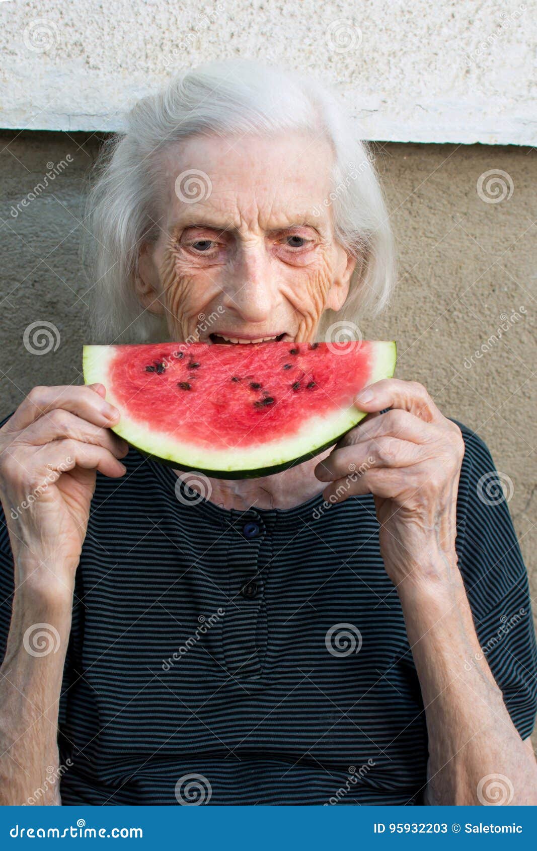 Senior Woman Eating Watermelon Outdoors Stock Image - Image of people ...