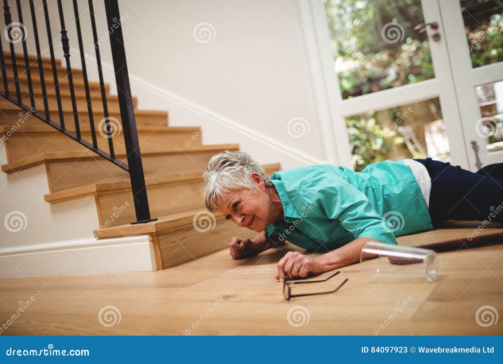Senior Woman Fallen Down from Stairs Stock Image - Image of rail ...