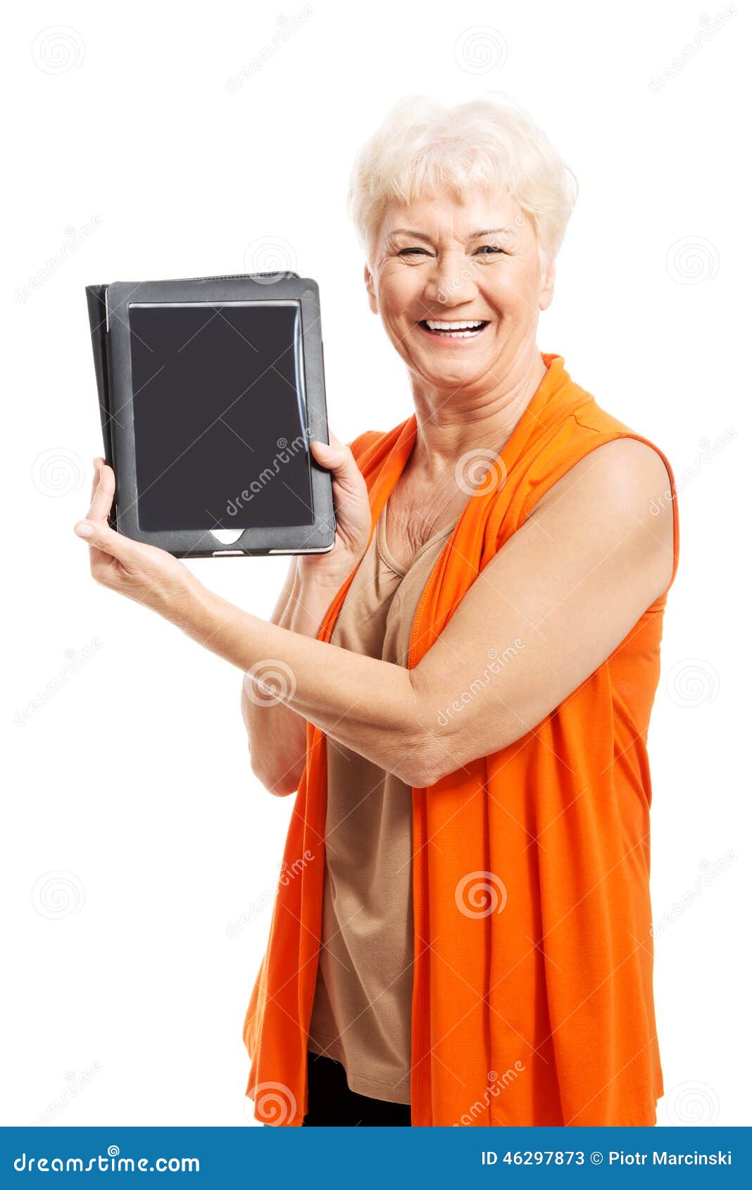 Senior Woman Holding a Tablet Stock Image - Image of cheerful, tablet ...