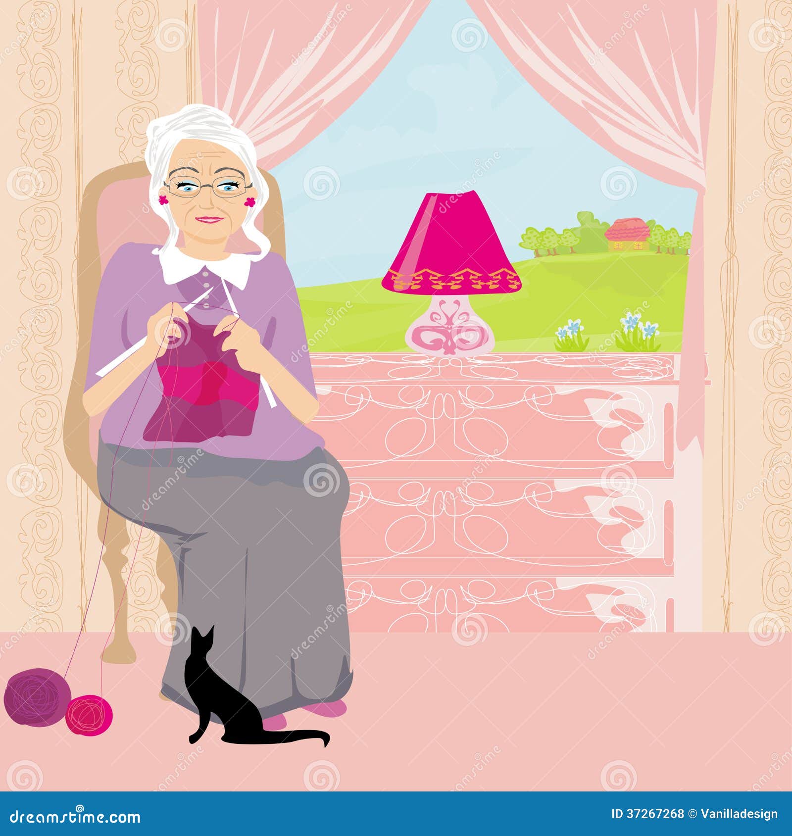 Old Woman Knitting Flat Vector Illustration. Aged Lady, Grandmother ...