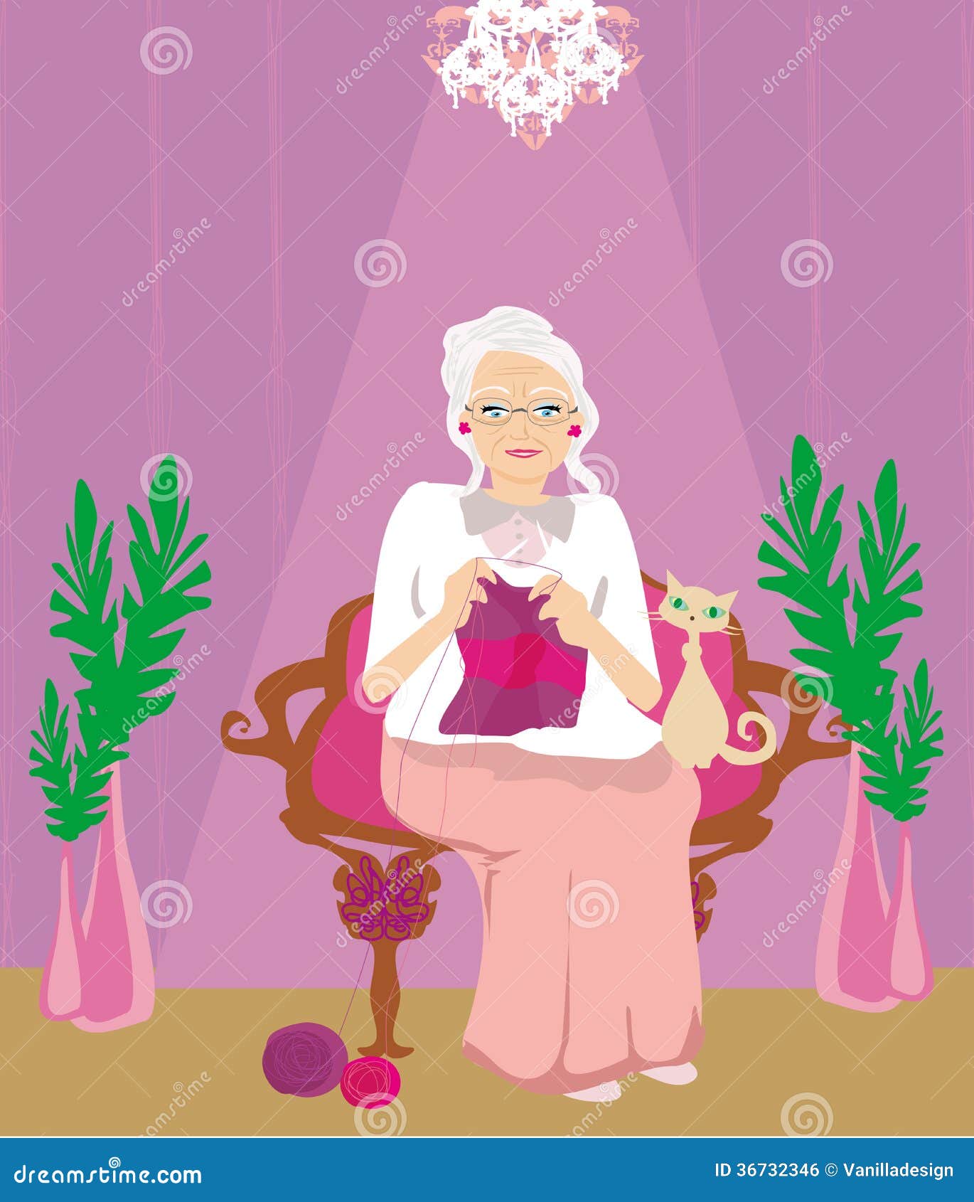 Old Woman Knitting Flat Vector Illustration. Aged Lady, Grandmother ...