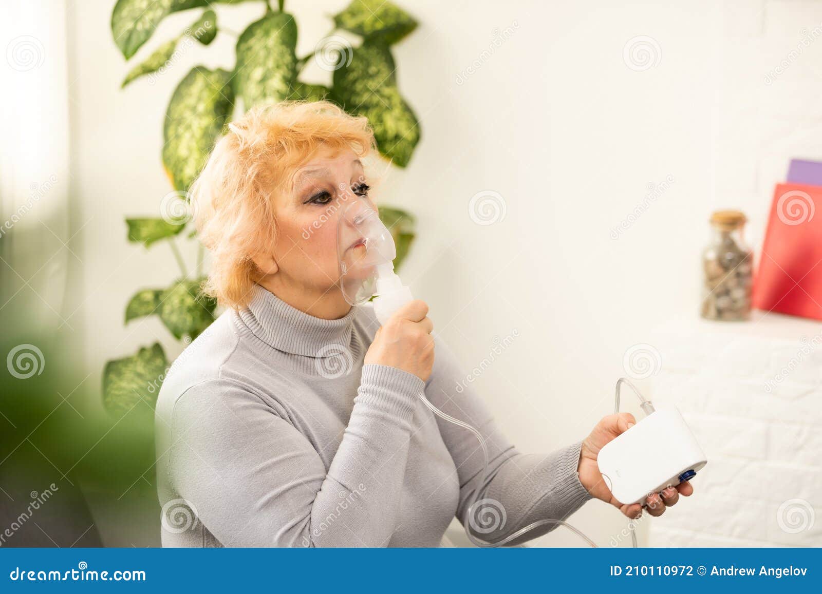 Senior Woman Making Inhalation, Elderly Woman and Nebulizer Stock Photo ...