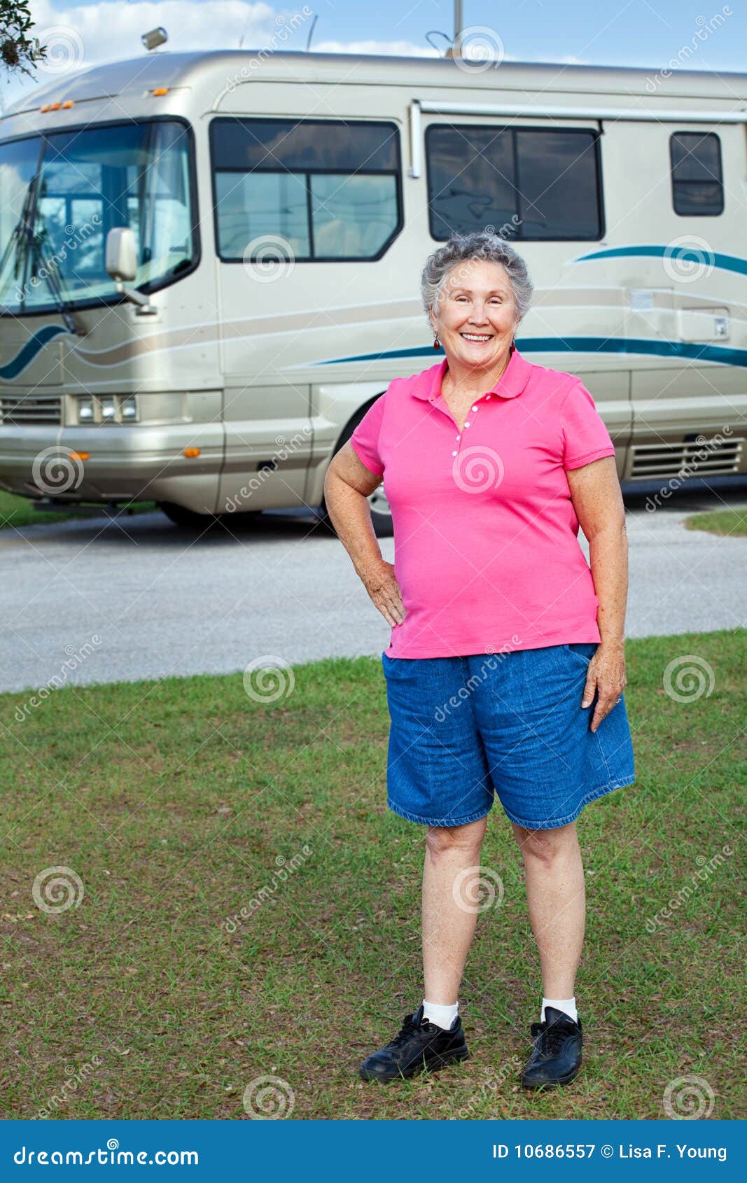 Senior Woman with Motor Home Stock Image - Image of recreation, shorts ...