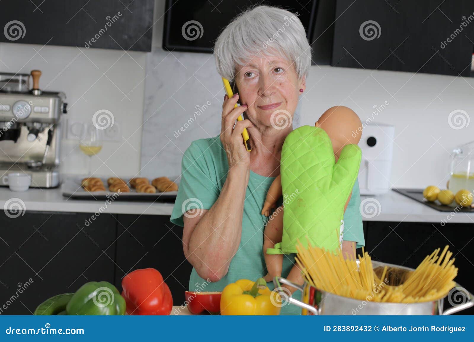 Senior Woman Multitasking in the Kitchen Stock Photo - Image of busy ...
