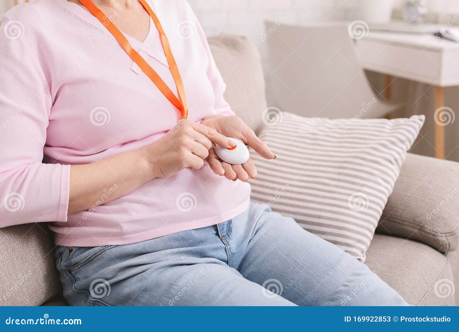 Senior Woman Pressing Red Alarm Button at Home Stock Image - Image of ...