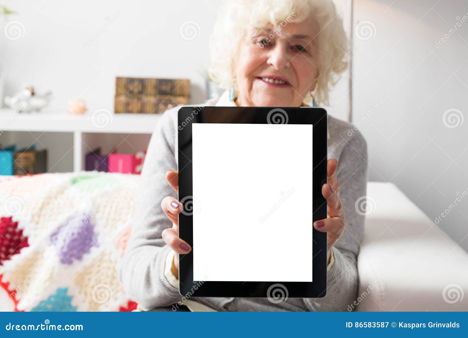 Senior Woman Showing Tablet Stock Image - Image of mockup, home: 86583587