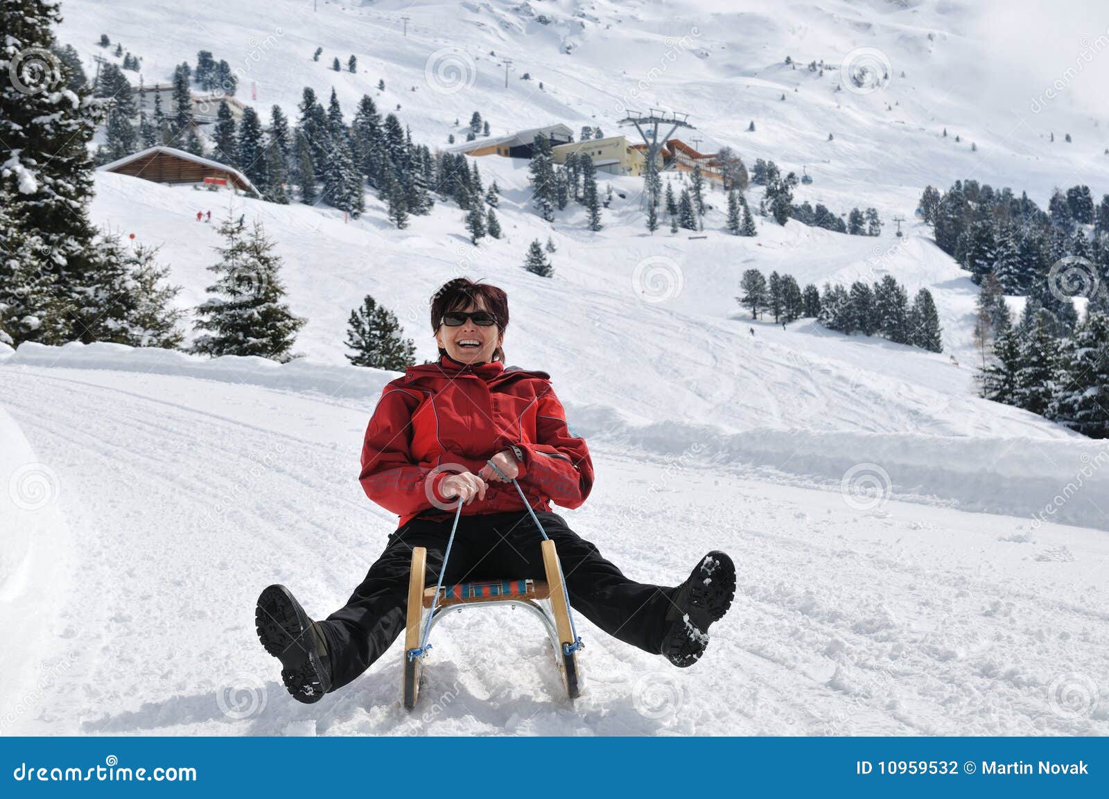 Senior Woman on Sledge Having Fun Stock Photo - Image of season, nature ...