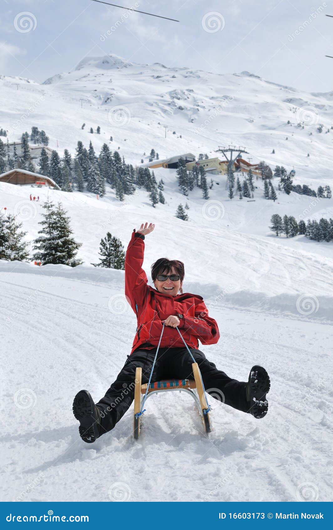 Senior Woman on Sledge Having Fun Stock Image - Image of mountains ...