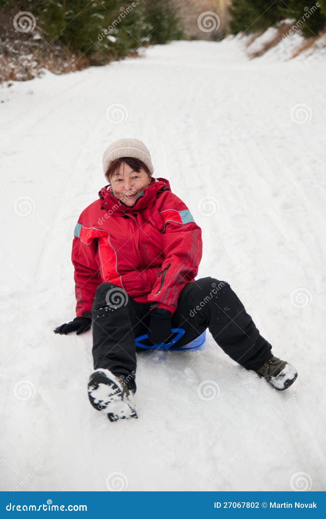 Senior Woman on Sledge - Winter Snow Activity Stock Photo - Image of ...