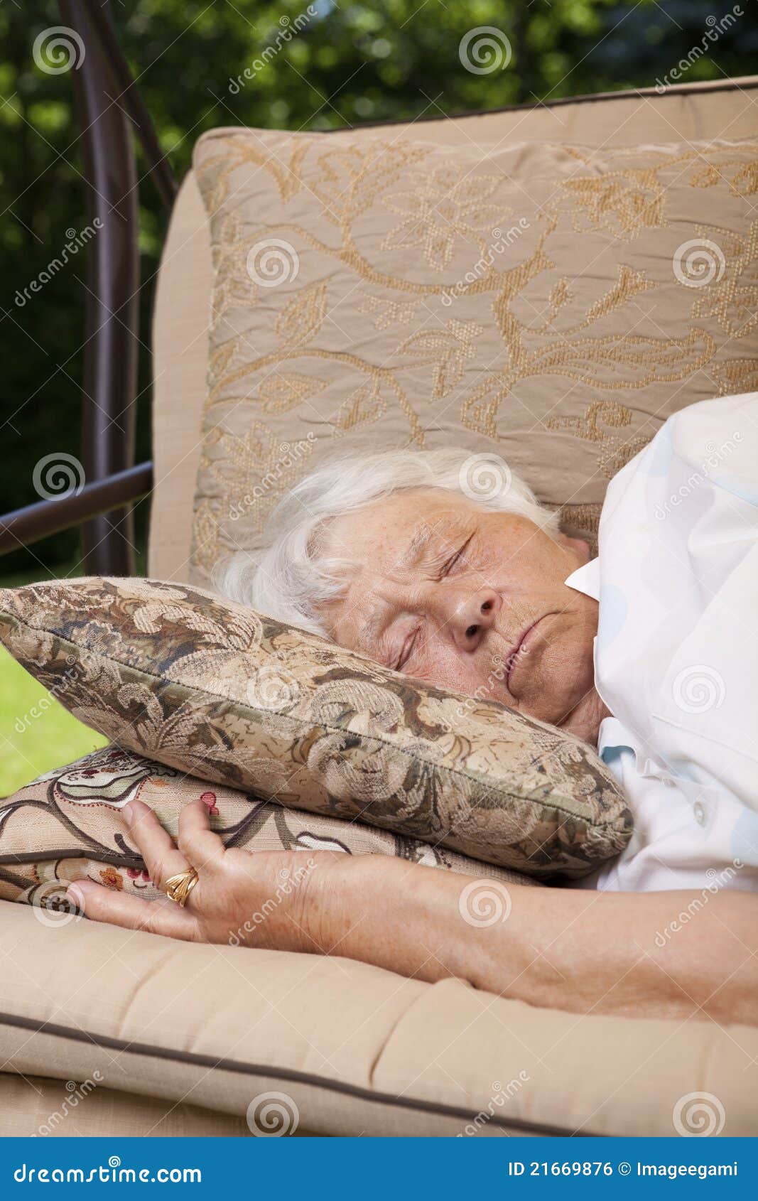 Senior Woman Sleeping Outside Stock Photo - Image of exterior, yard ...