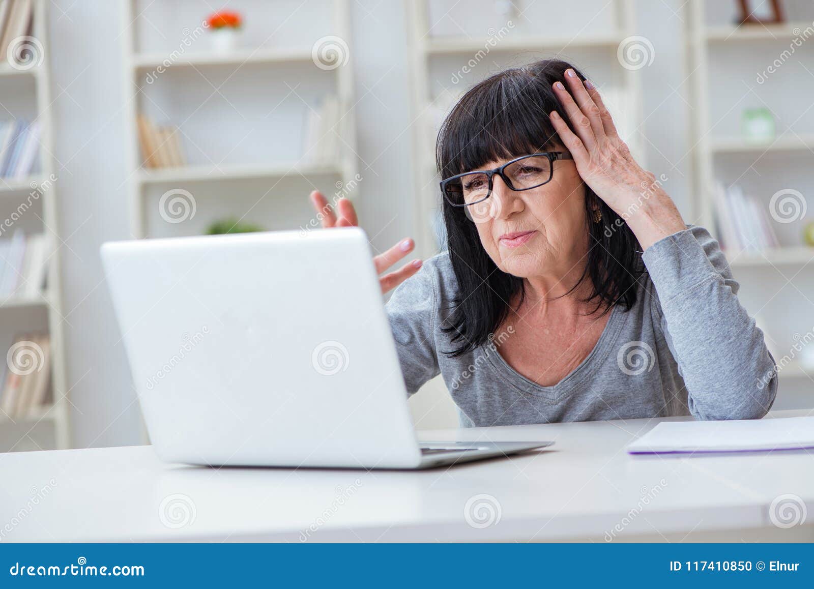 The Senior Woman Struggling at Computer Stock Photo - Image of desk ...