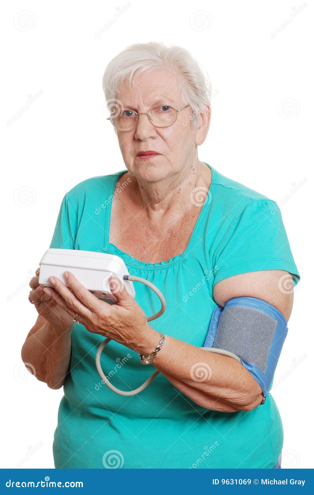 Senior Woman Use Automatic Blood Pressure Machine Stock Image - Image ...