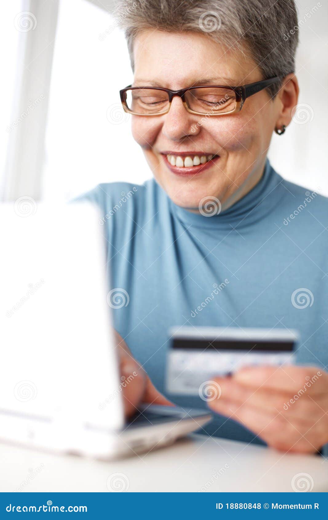 Senior Woman Using Credit Card and Laptop Stock Photo - Image of email ...