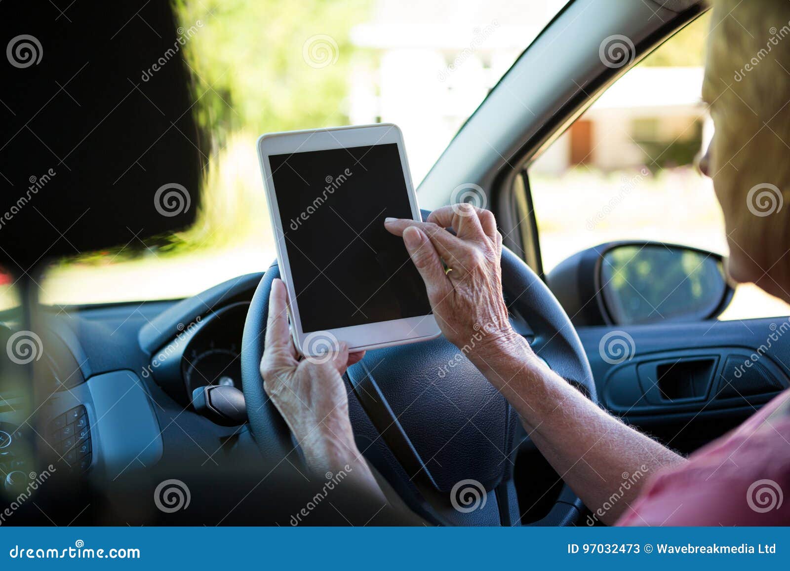 Senior Woman Using Digital Tablet in Car Stock Image - Image of retired ...