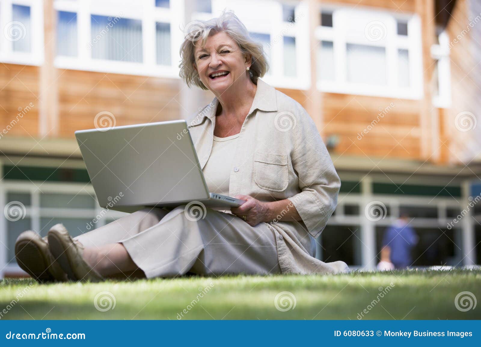 Senior Woman Using Laptop on Campus Stock Image - Image of information ...