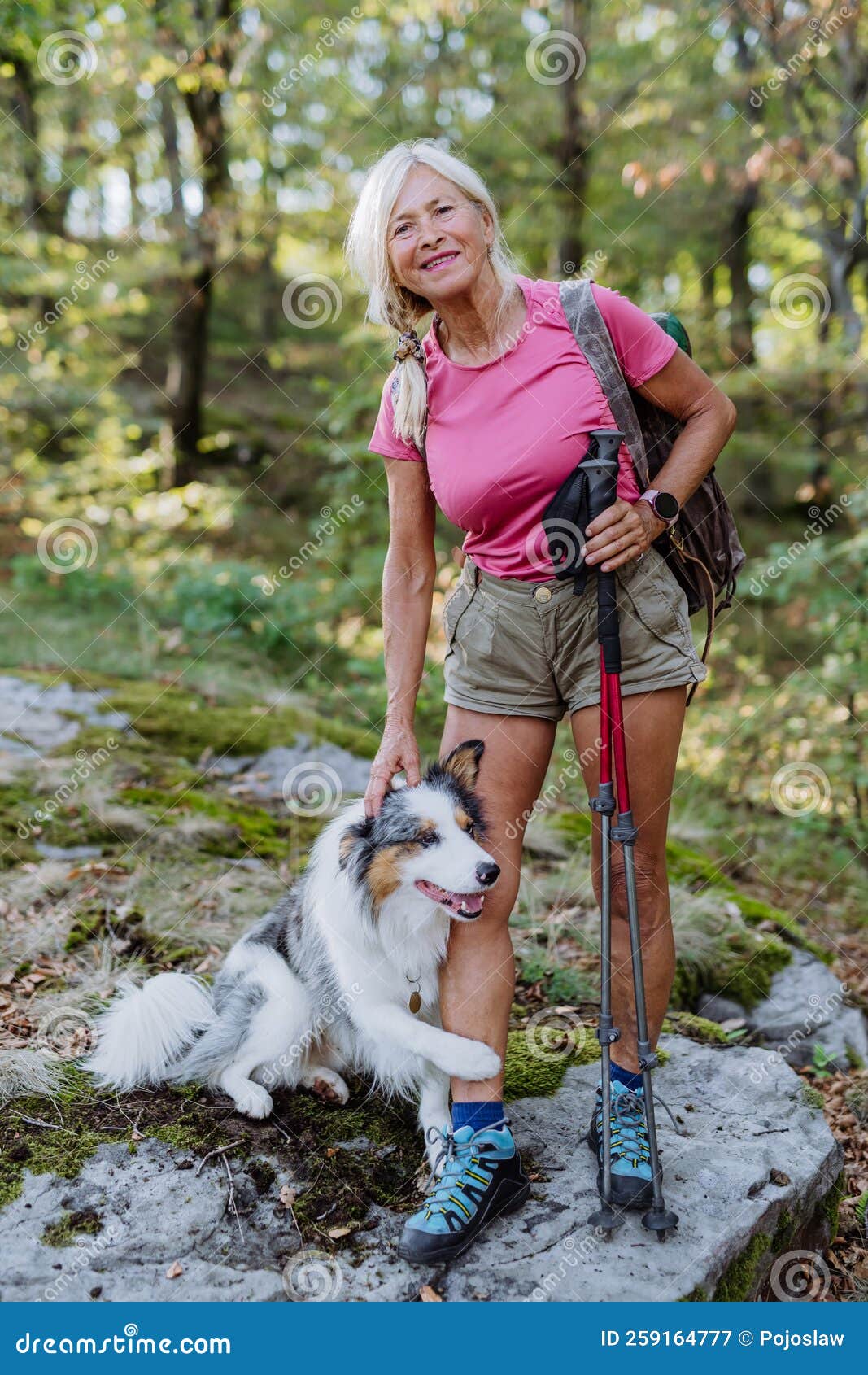 Senior Woman Walking with Her Dog in Forest. Stock Image - Image of ...