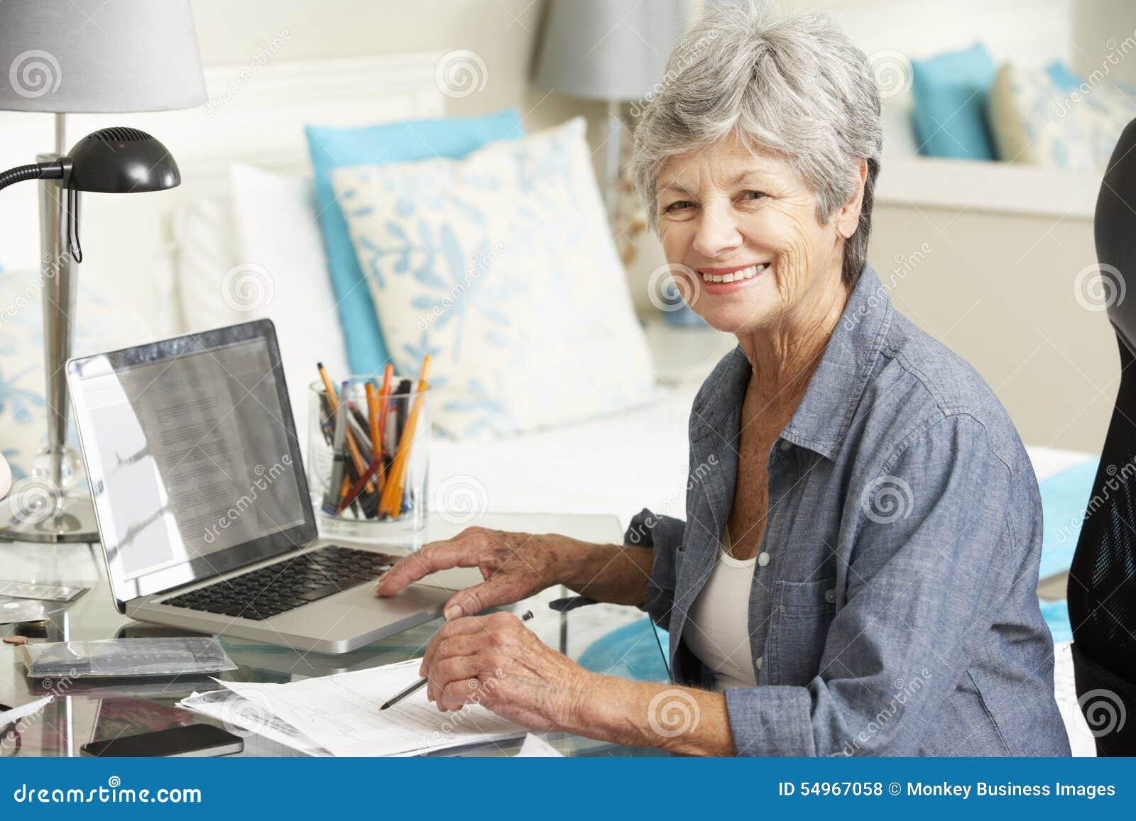 Senior Woman Working in Home Office Stock Photo - Image of horizontal ...